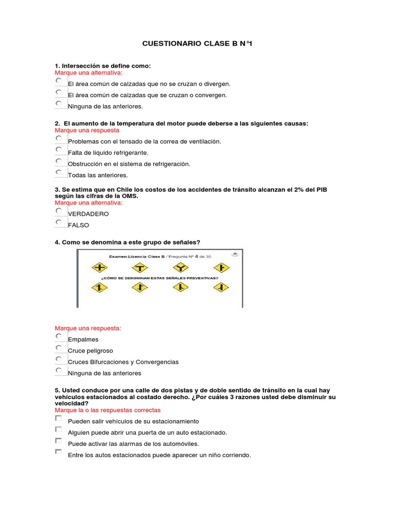 Cuestionario Examen Clase B | PDF | Semáforo | Peatonal