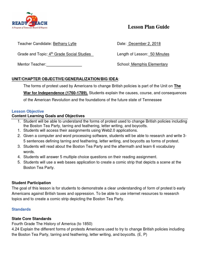 4th Grade Boston Tea Party Lesson Plan | PDF | Lesson Plan | Cognition