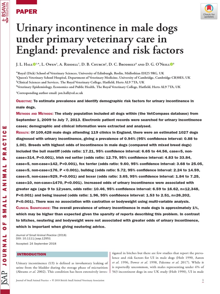 Urinary Incontinence in Male Dogs Under Primary Veterinary Care in ...