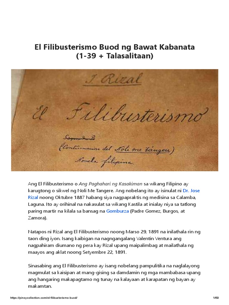 El Filibusterismo Buod Ng Bawat Kabanata 1-39 With Talasalitaan