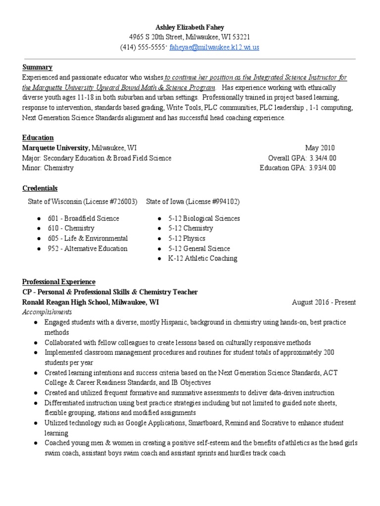 Fahey Ashley Resume For Pps | PDF | Differentiated Instruction ...