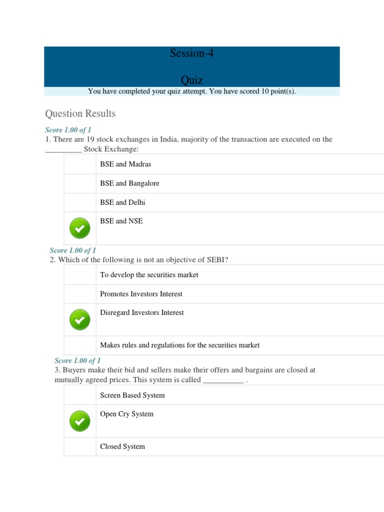 Results of a Quiz on Indian Stock Exchanges and Securities Market ...