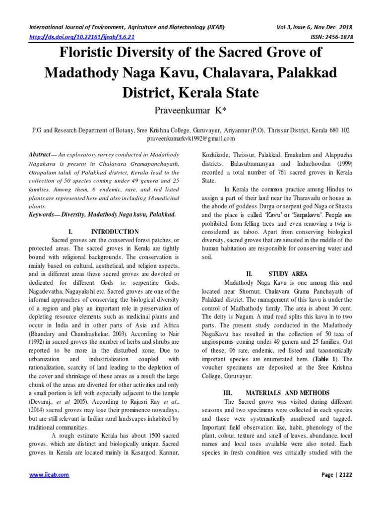 Floristic Diversity of The Sacred Grove of Madathody Naga Kavu ...