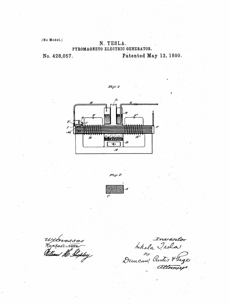 Pyromagneto Electric Generator (1890) Tesla Patent 428,057 | PDF ...