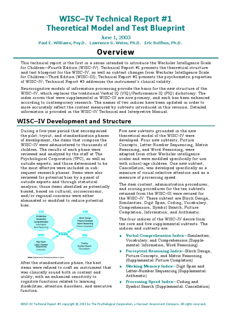 WISC-IV Technical Report #1 Theoretical Model and Test Blueprint ...