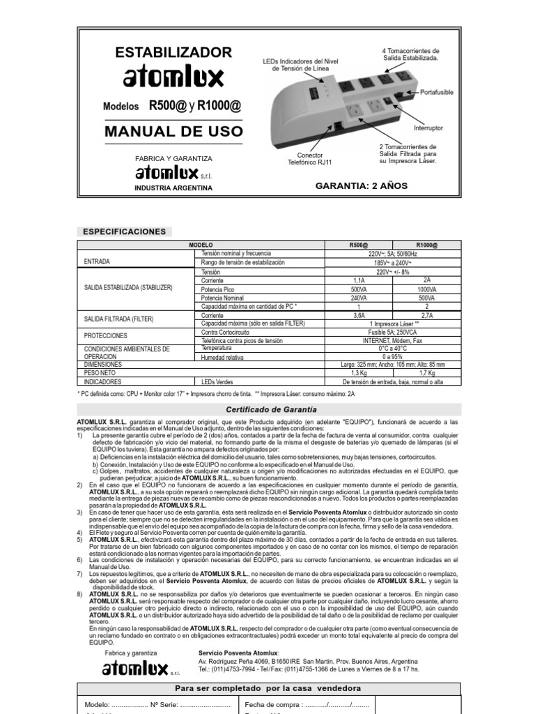 Manual Atomlux r1000 | PDF | Fusible (Eléctrico) | Fax