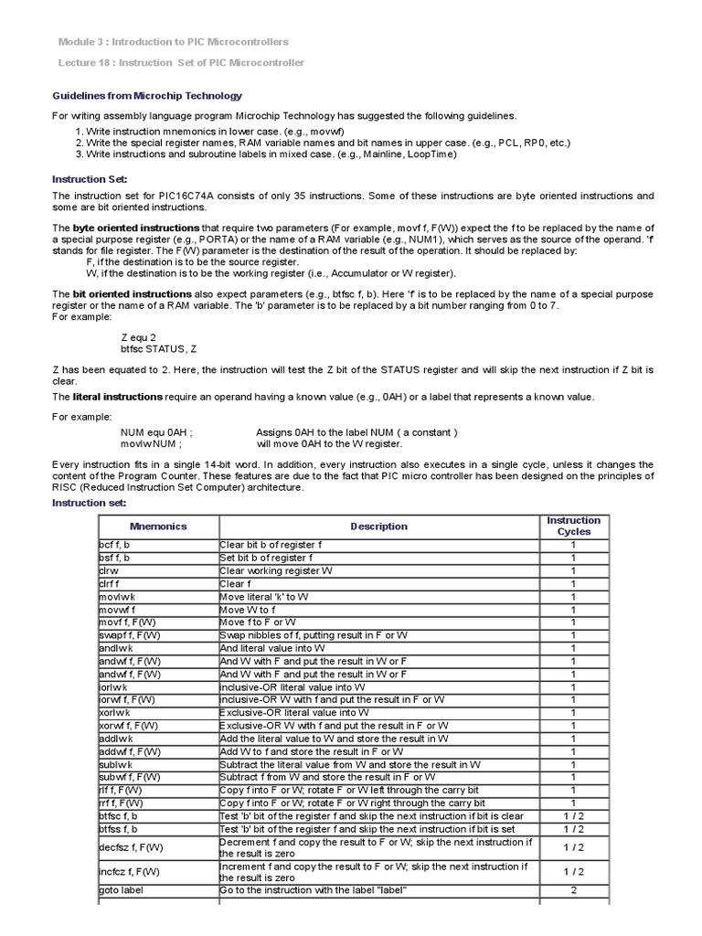 Pic Microcontroller Instruction Set Pdf Manufactured Goods Computer Engineering 