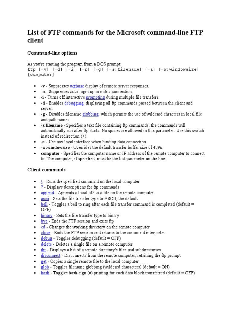List of FTP Commands For The Microsoft Command-Line FTP Client | PDF ...
