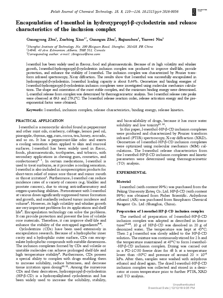 Encapsulation of l-menthol in hydroxypropyl-β-cyclodextrin and release ...