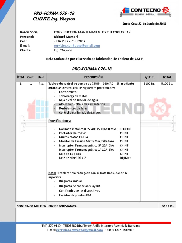 PROFORMA 76-18 Tablero 7.5HP PDF | PDF | Electromagnetismo | Electricidad