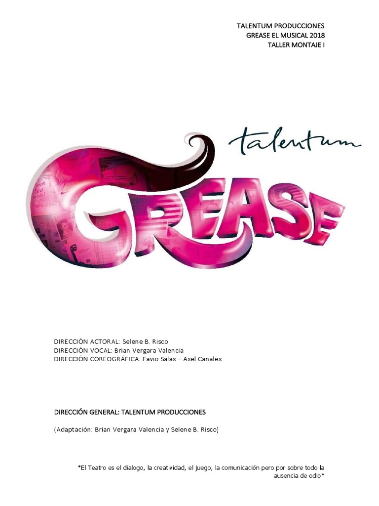 Grease Libreto Talentum Adap. | Descargar gratis PDF | Ocio | Entretenimiento (general)