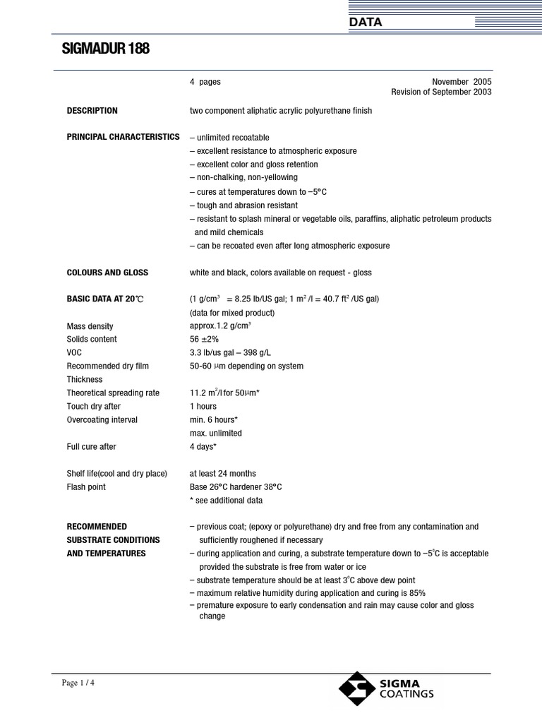 Sigmadur 188 Technical Data Sheet | PDF | Paint | Safety