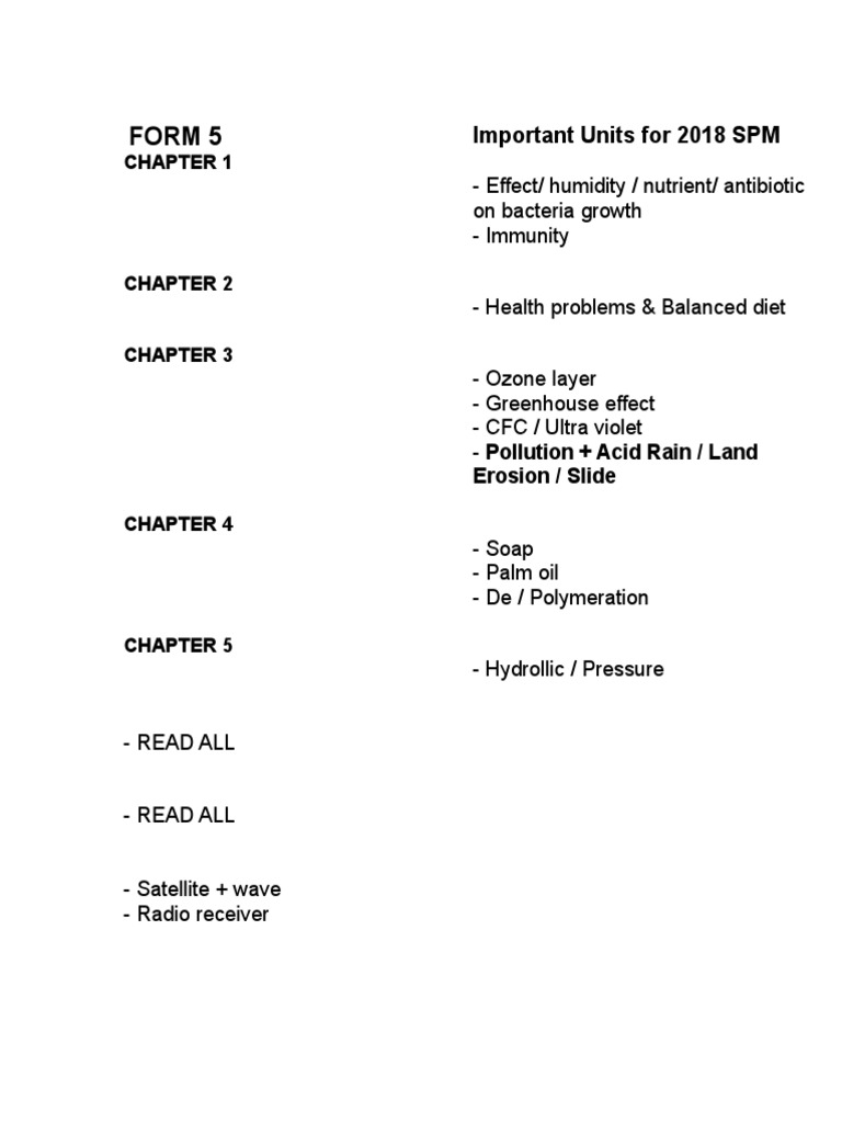 Form 5: Important Units For 2018 SPM | PDF