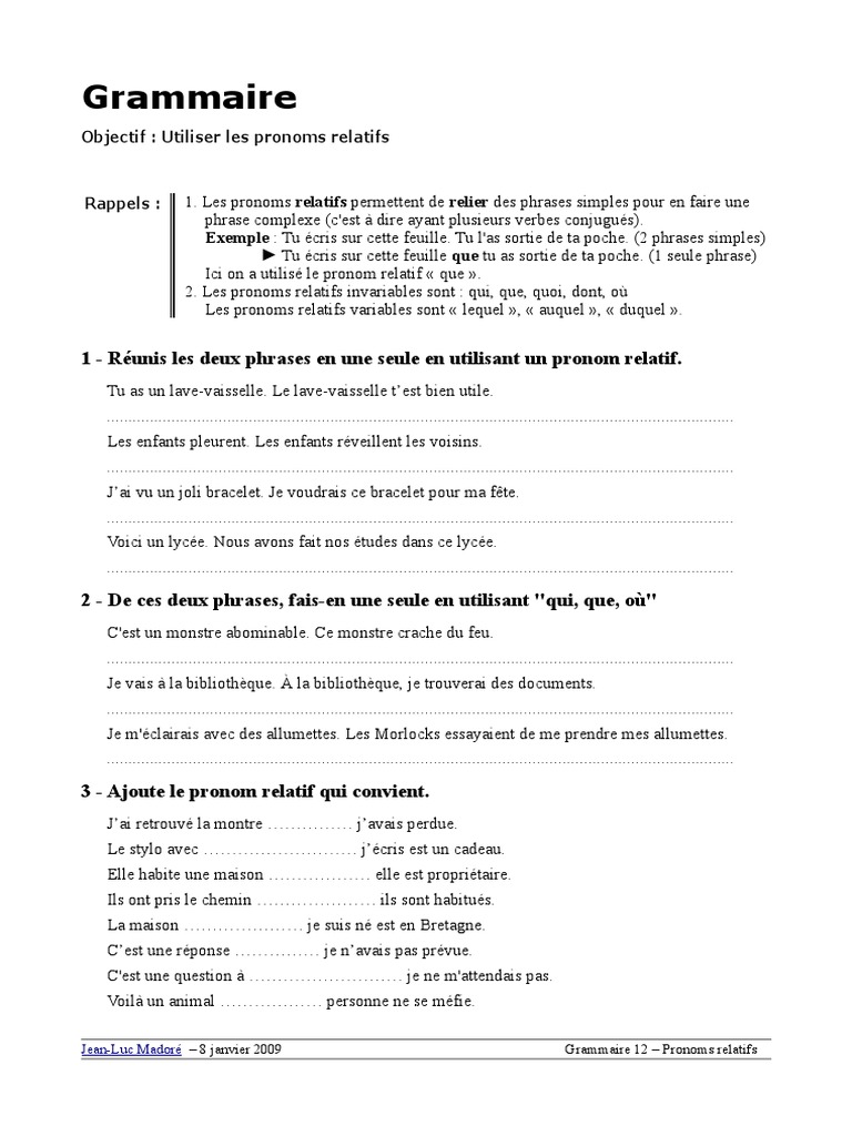 Les Pronoms Relatifs Ex Et Corrigés | PDF | Phrase | Pronom
