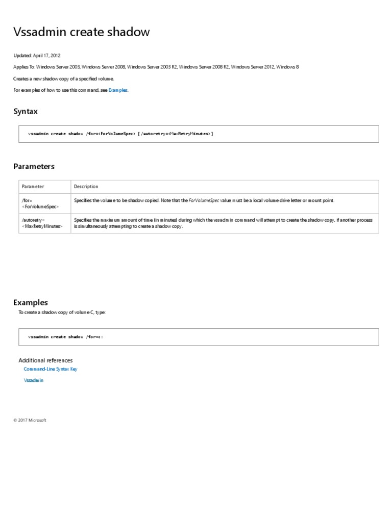 Vssadmin Create Shadow | PDF