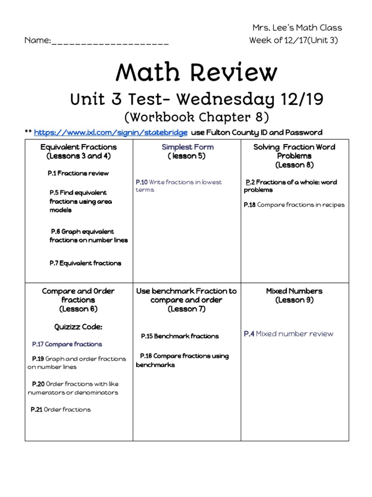 Math Review Unit 3 HW | PDF | Fraction (Mathematics) | Elementary ...
