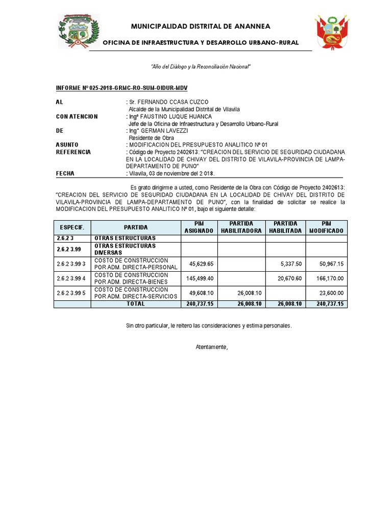 Informe 025 (Modificacion Analitico 01) | Descargar gratis PDF | Gobierno