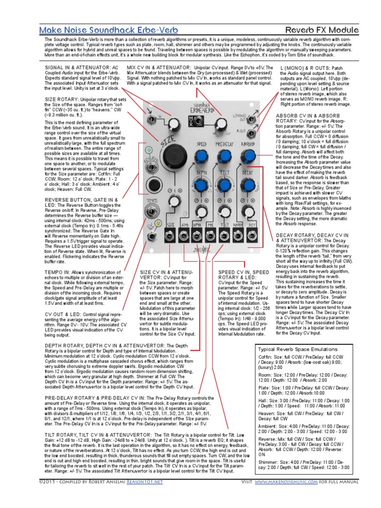 Make Noise Soundhack Erbe-Verb: Reverb FX Module | PDF | Synthesizer | Audio Engineering
