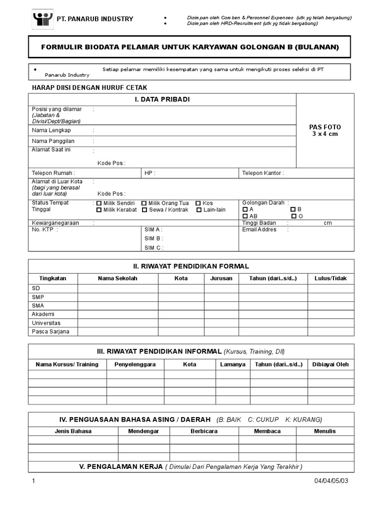 Form Biodata Pelamar | PDF