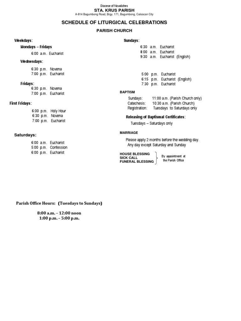 New Schedule of Liturgical Celebrations | PDF | Workweek And Weekend ...