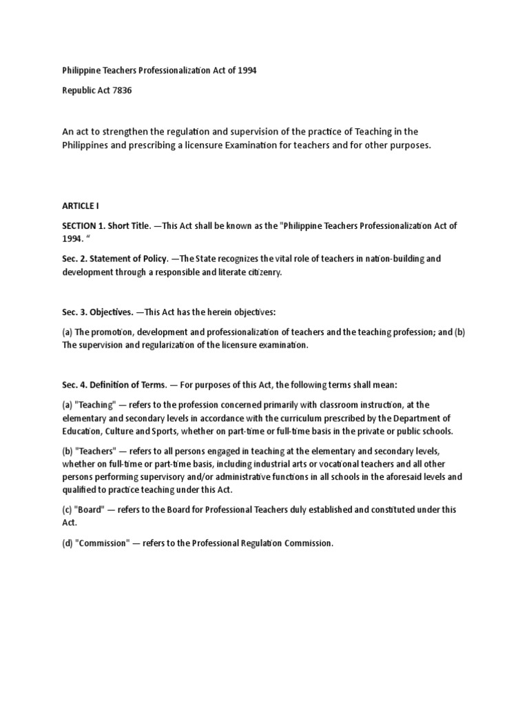 Philippine Teachers Professionalization Act | PDF | Licensure | Teachers