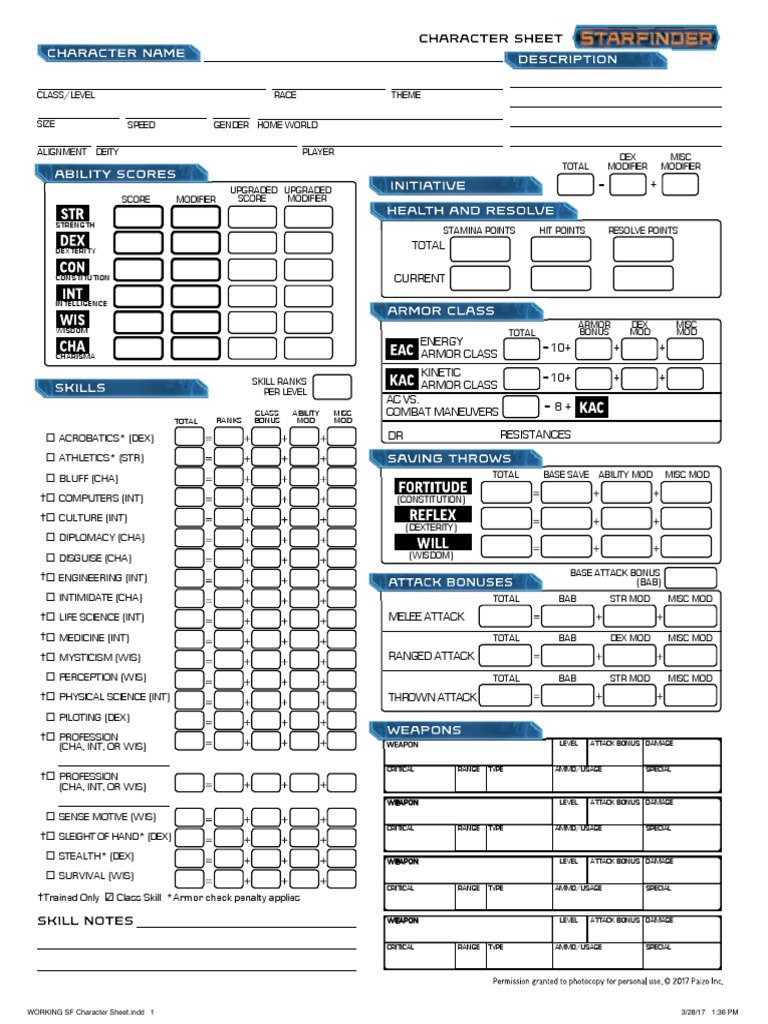 Starfinder - Character Sheet | PDF | Role Playing Games | Gaming
