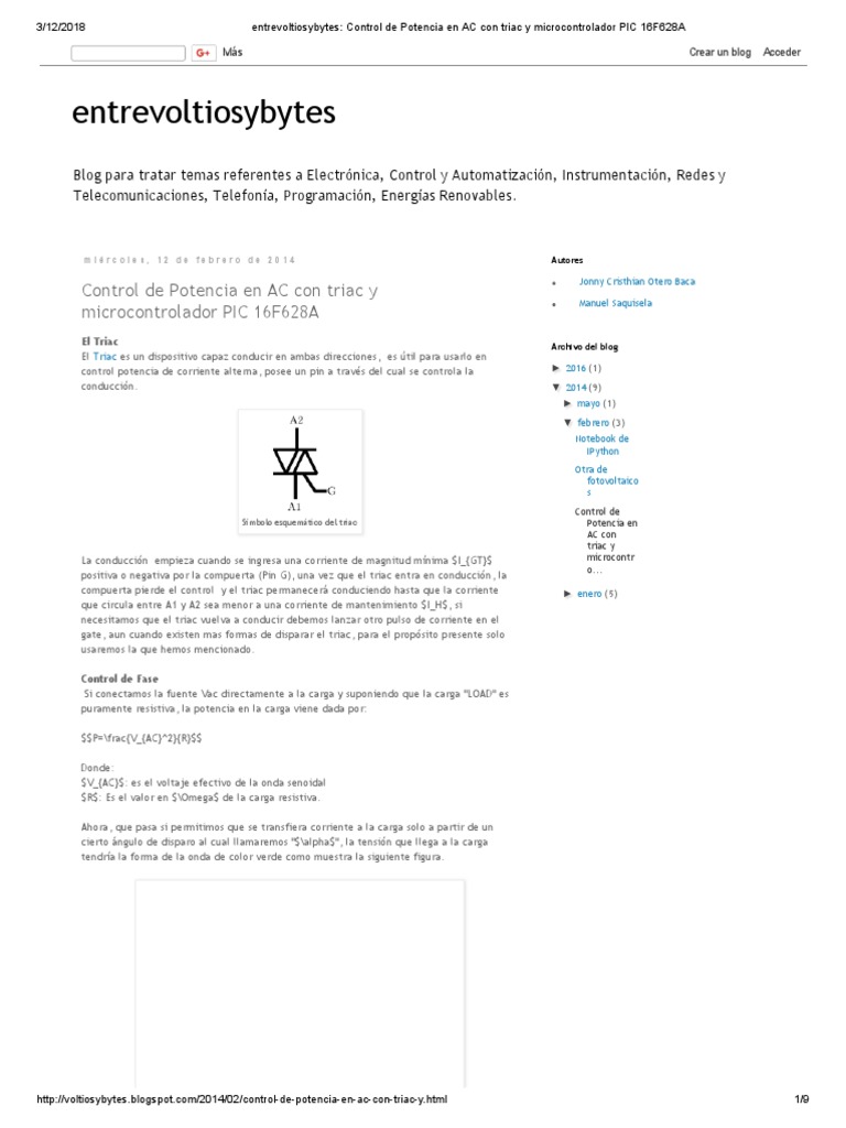 Control de Potencia en AC Con Triac y Microcontrolador PIC 16F628A PDF | PDF | Energia electrica ...