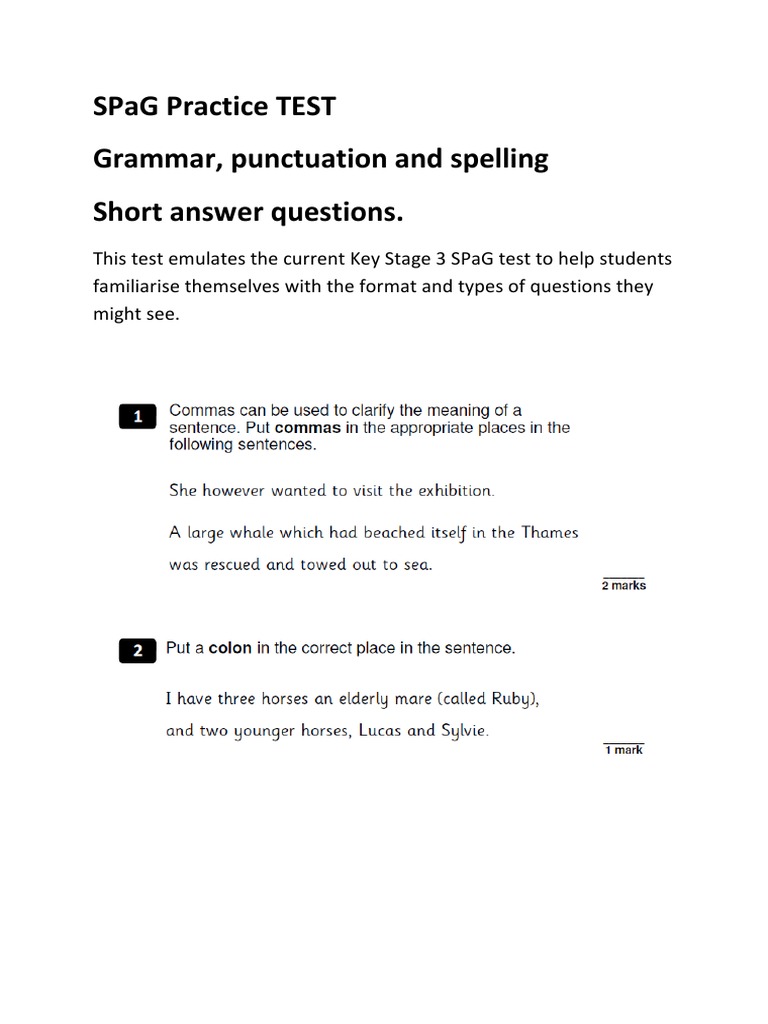 KS3 SPaG Practice Test and Answers | PDF | Adverb | Grammatical Number