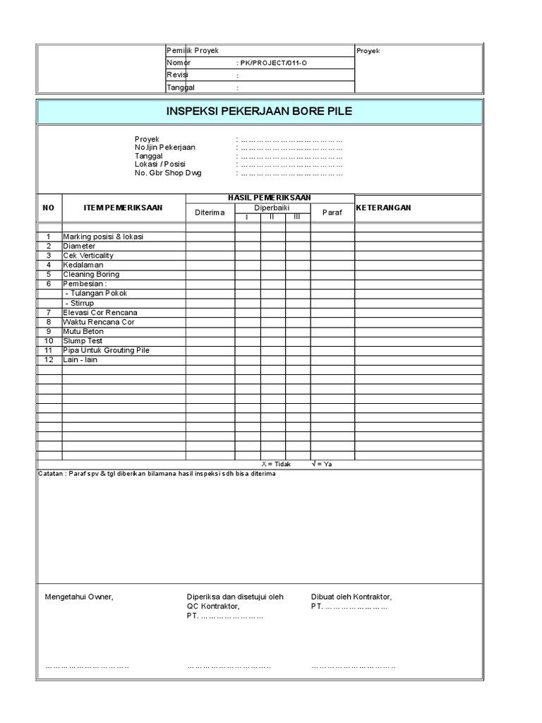 Form Inspeksi Pekerjaan Bored Pile PDF | PDF