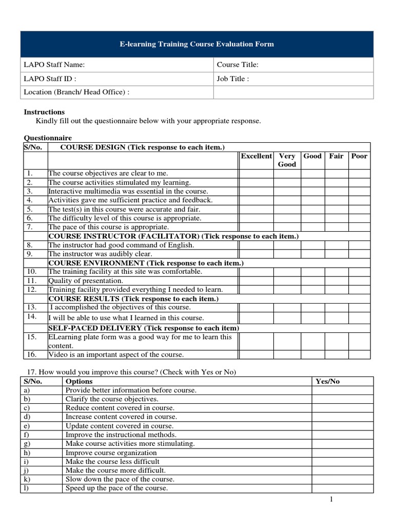 Elearning Course Evalution Form | PDF | Course Evaluation | Educational ...