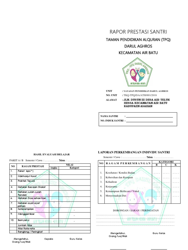 Raport TPQ Lengkap | PDF