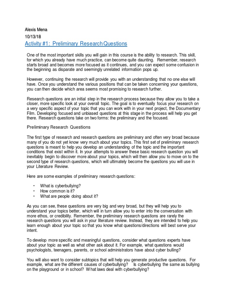 Activity #1: Preliminary Research Questions | PDF | Cyberbullying | Expert