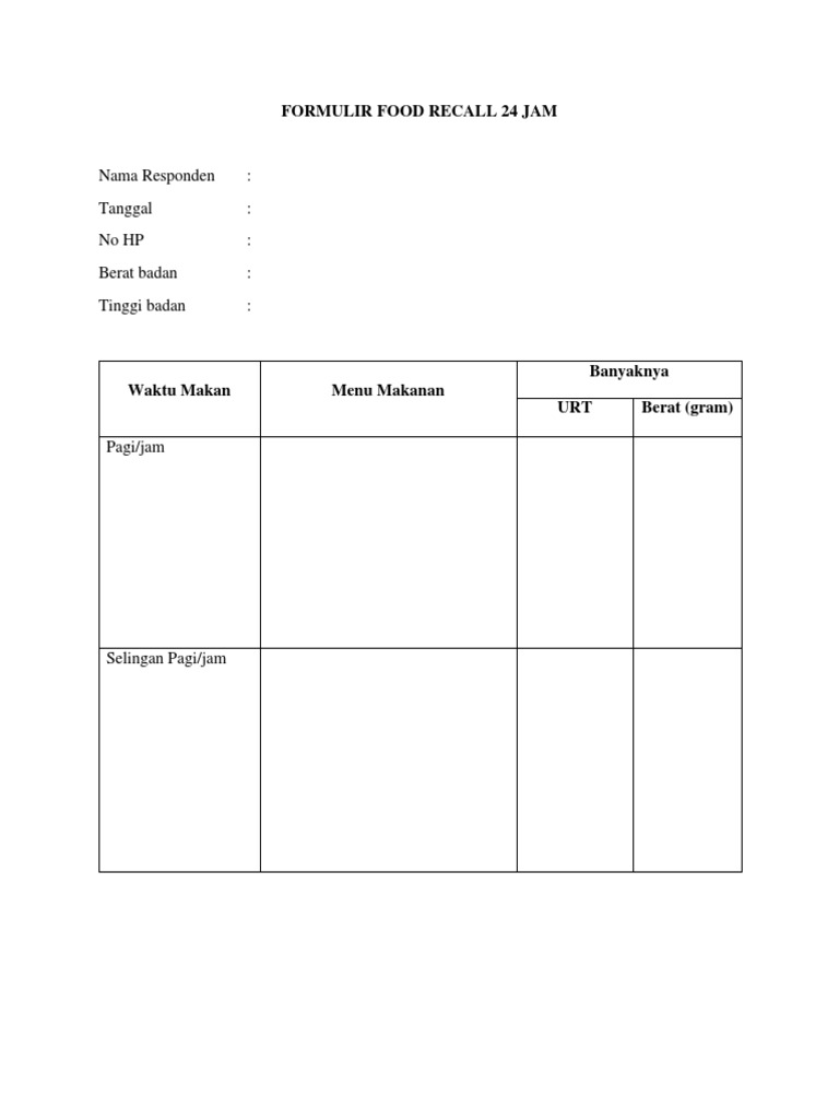 Formulir Food Recall 24 Jam | PDF