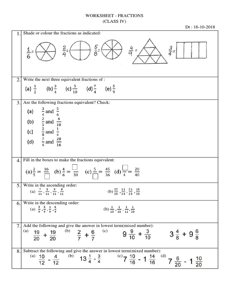 Worksheet - Fractions Class IV | PDF | Fraction (Mathematics) | Teaching Mathematics