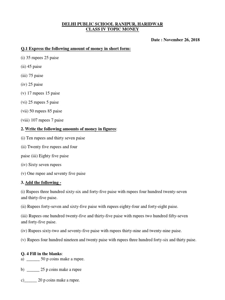 Worksheet - Money - Class IV | PDF | Foreign Exchange Market | Money