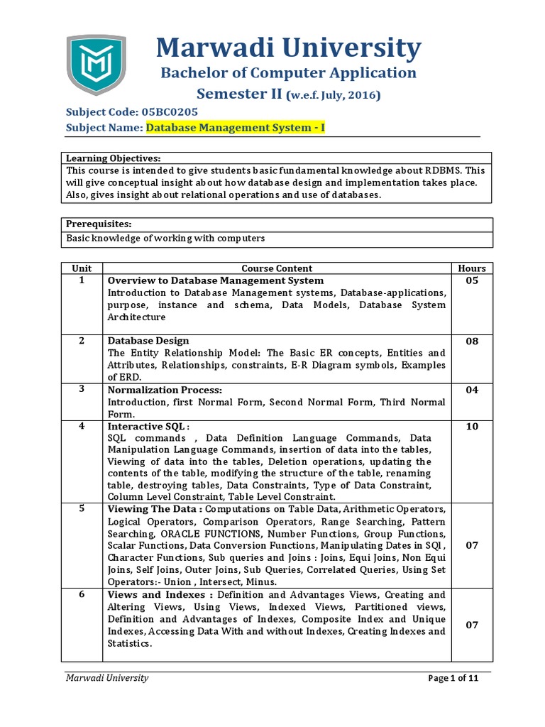 SYLLABUS 05BC0205 Database Management System-I | PDF | Databases | Sql
