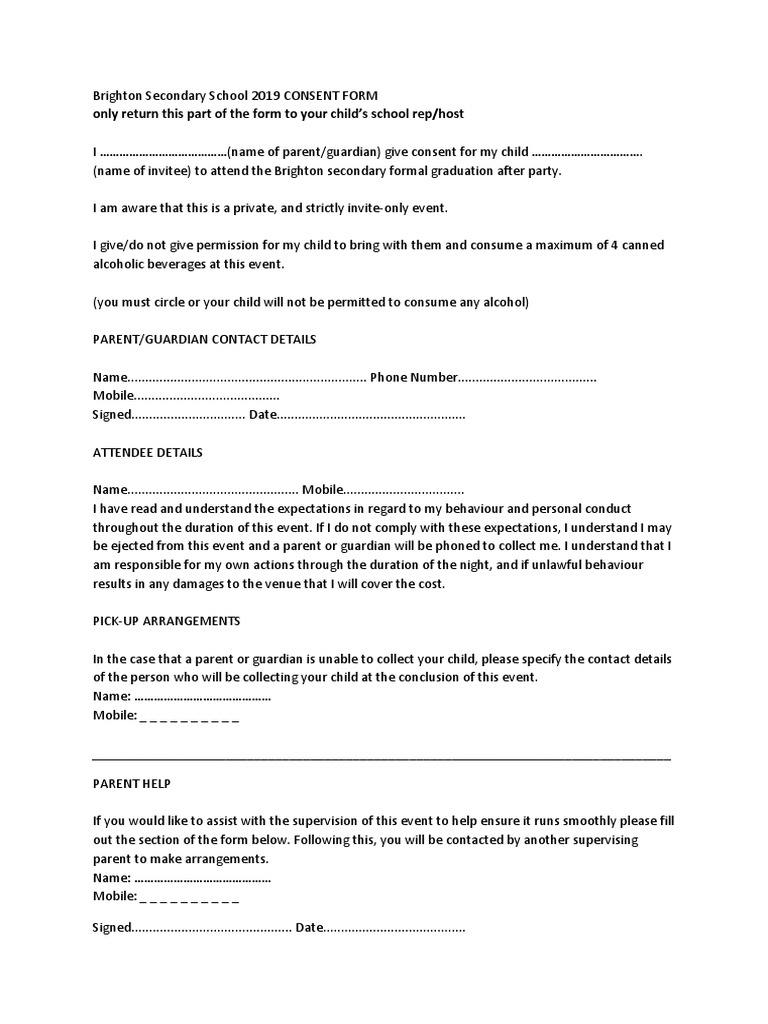 Brighton Secondary School 2019 CONSENT FORM | PDF