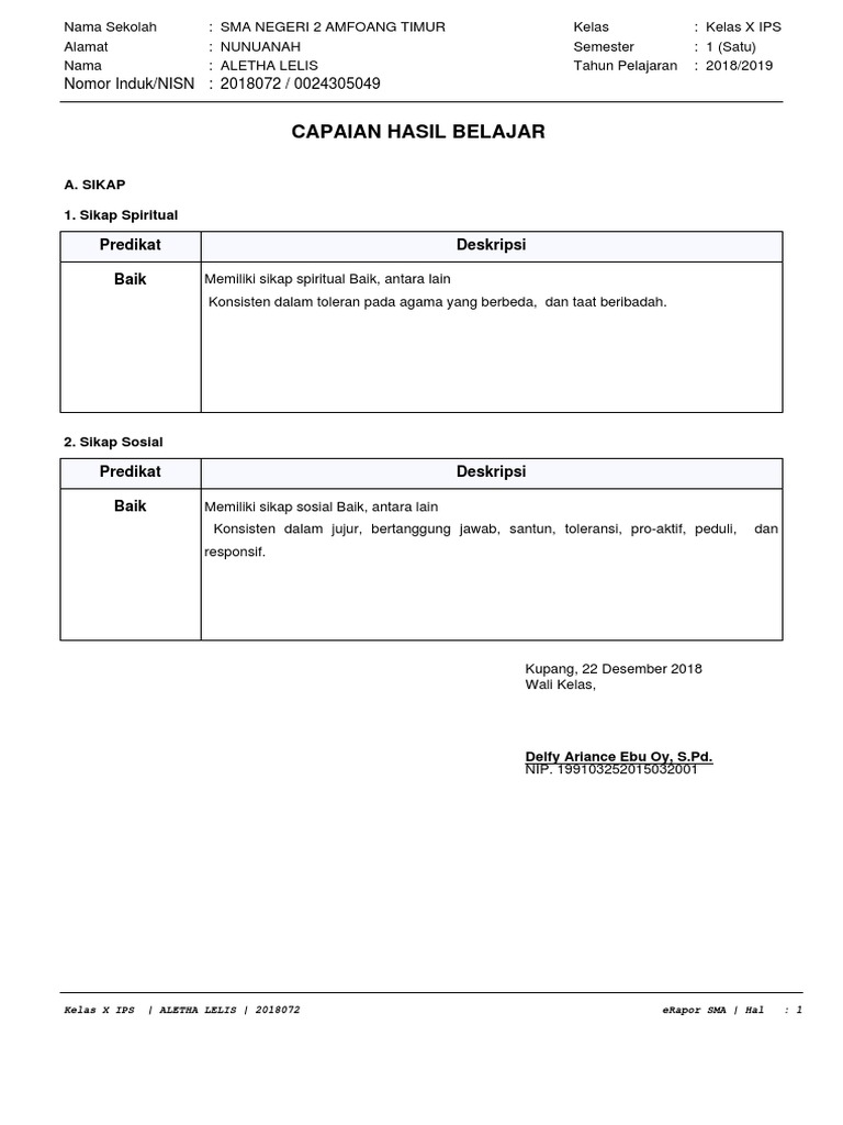 Contoh E-Rapor SMA Kelas X IPS 20181 2 | PDF