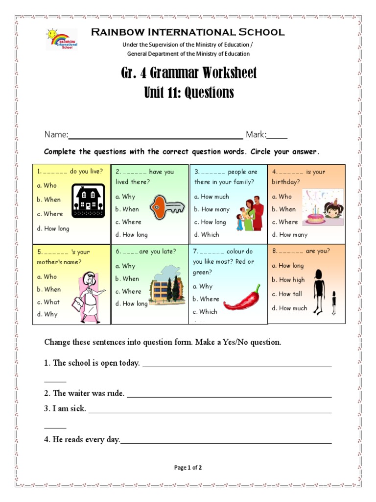 Gr. 4 Grammar Worksheet Unit 11: Questions: Rainbow International ...