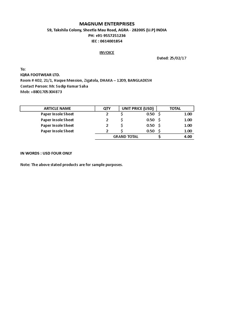Sample Invoice | PDF | Fashion | Textile Industry