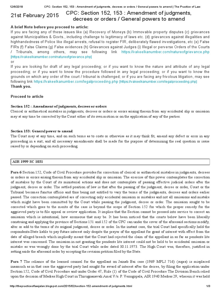 Amendments to Judgments Under Sections 152 and 153 of CPC | PDF ...