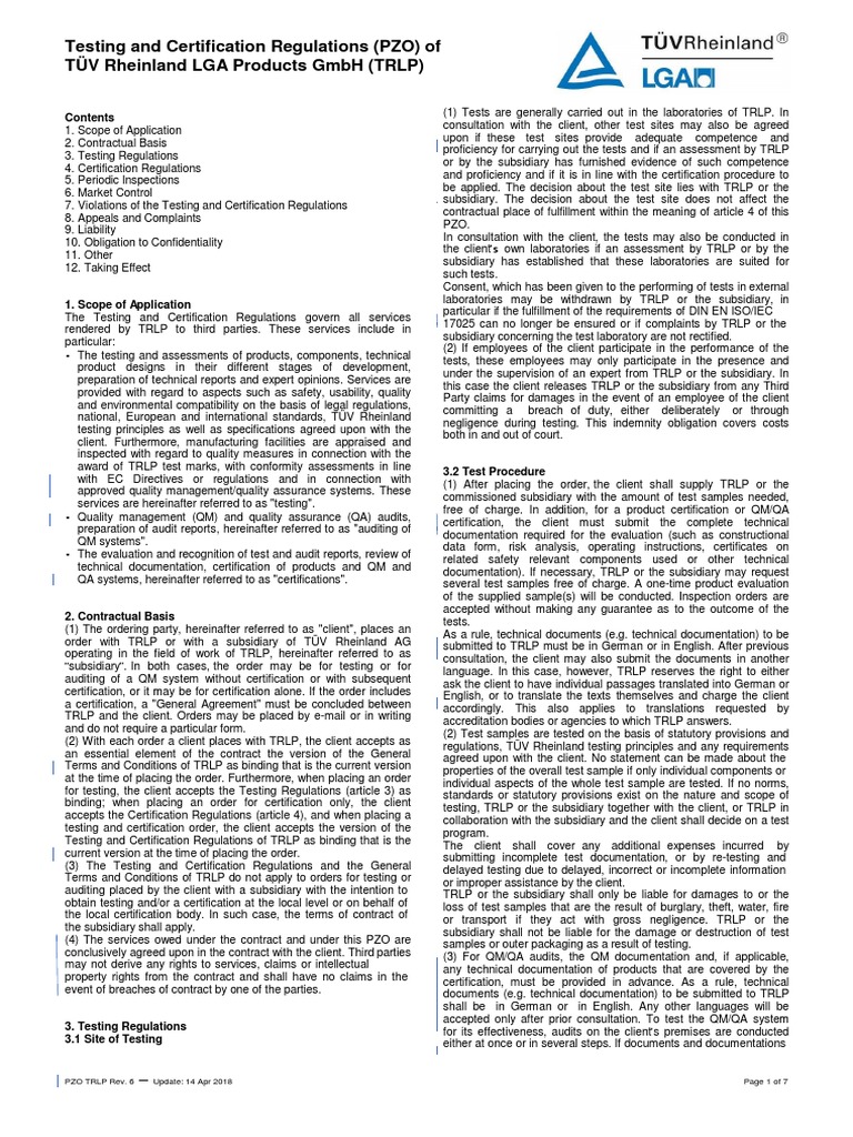 Testing and Certification Regulations (Pzo) of Tüv Rheinland Lga ...
