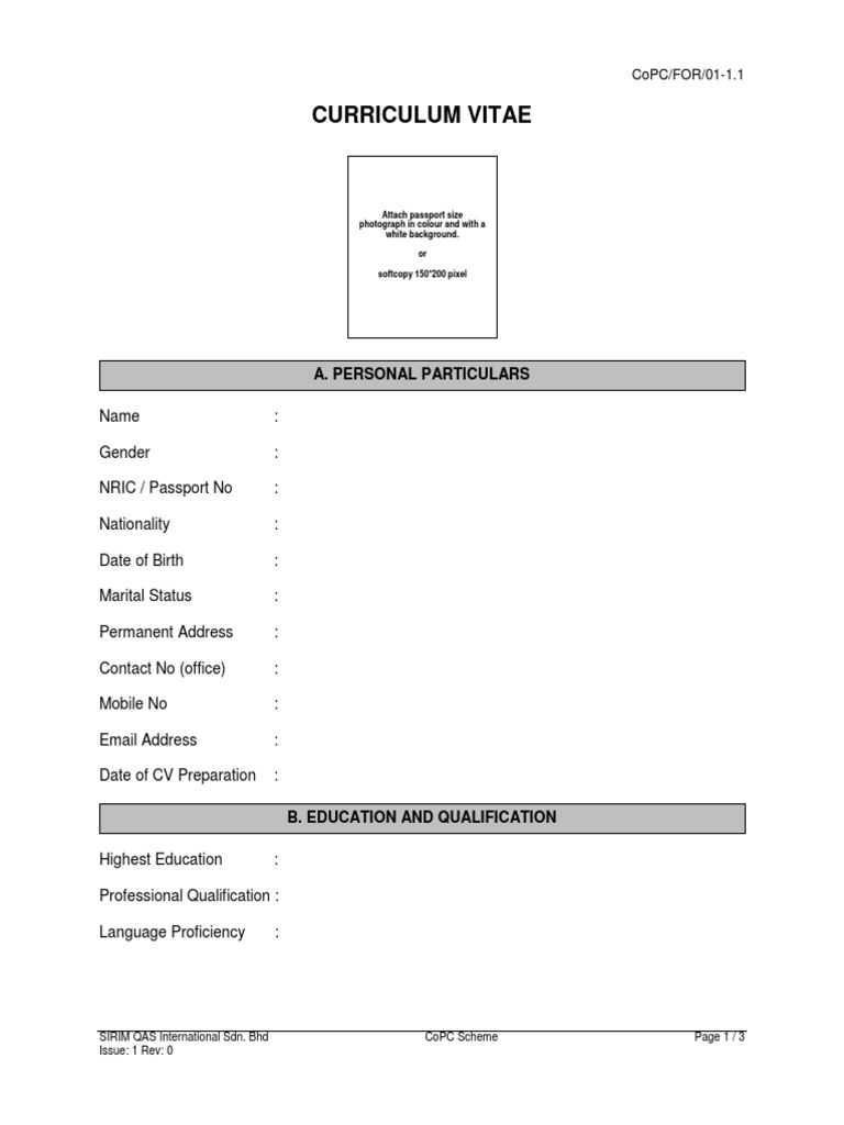 CoPC For 01 1.1 CV Template Issue1 Rev0 | Occupational Safety And Health