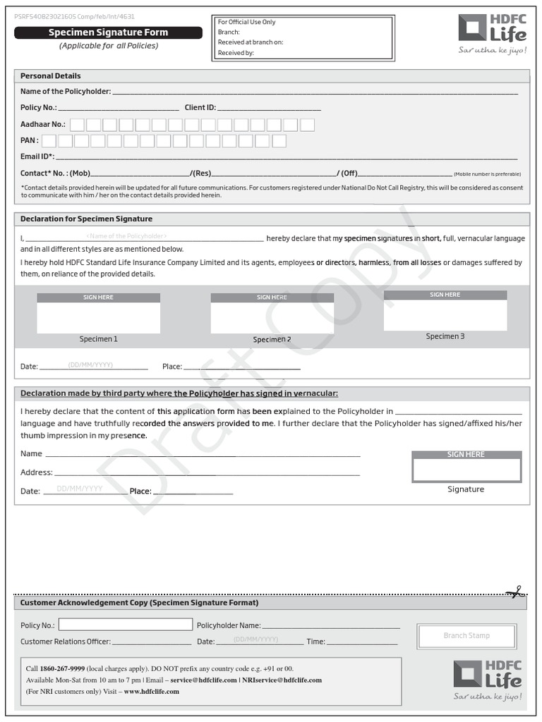 Specimen Signature Form | PDF | Insurance | Communication