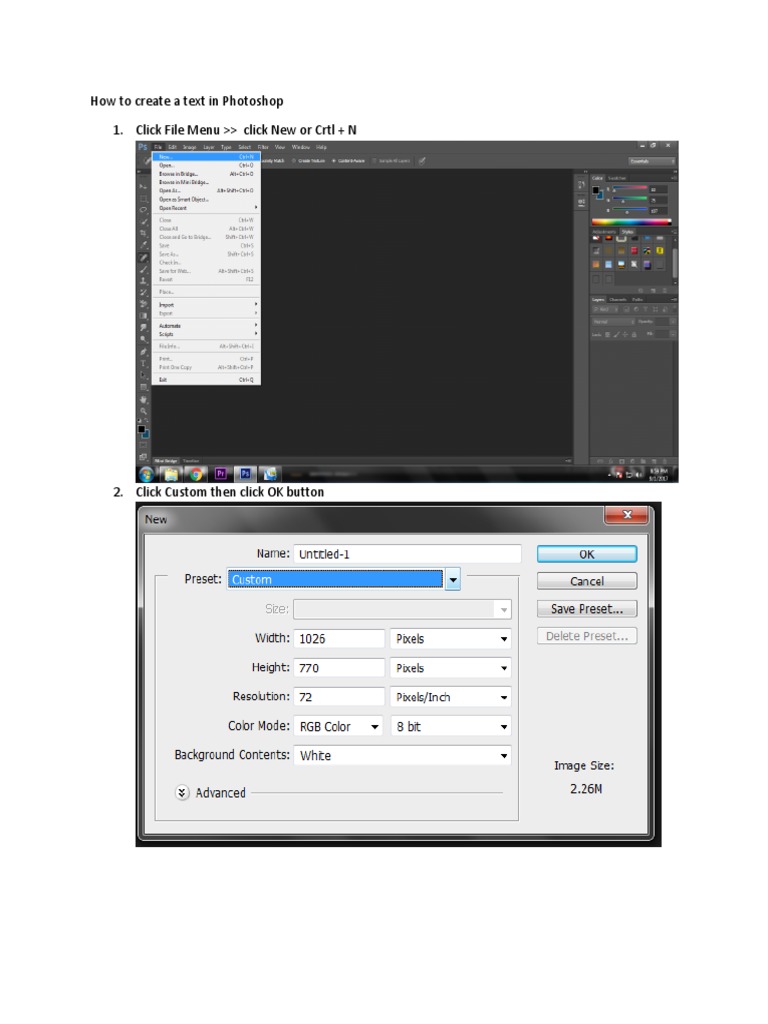 How To Create A Text in Photoshop 1. Click File Menu Click New or CRTL ...