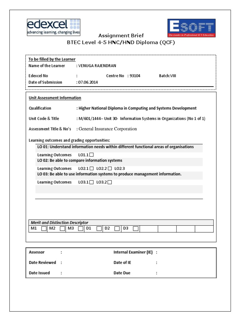 Assignment Brief BTEC Level 4-5 HNC/HND Diploma (QCF) : General Insurance Corporation | PDF