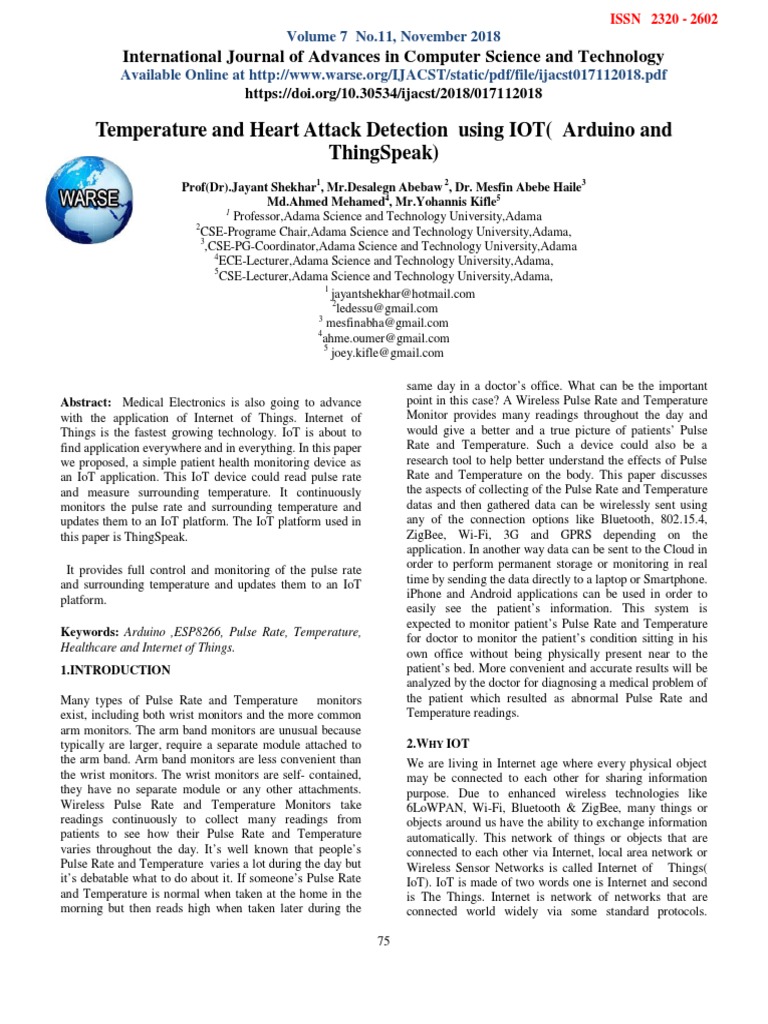 Temperature and Heart Attack Detection Using IOT (Arduino and ThingSpeak) | PDF | Internet Of ...