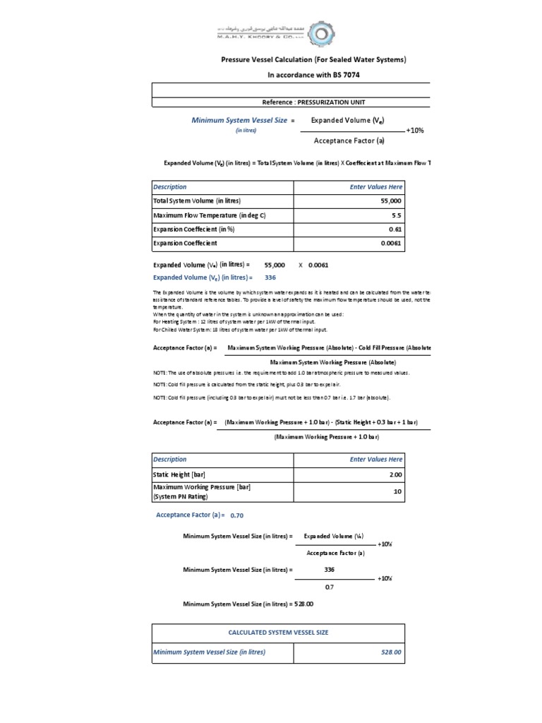 Pressurization Unit Pressure Vessel Calculation | Pressure | Litre