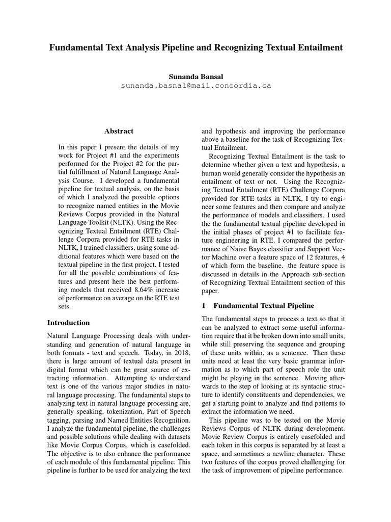 Fundamental Text Analysis Pipeline and Recognizing Textual Entailment ...