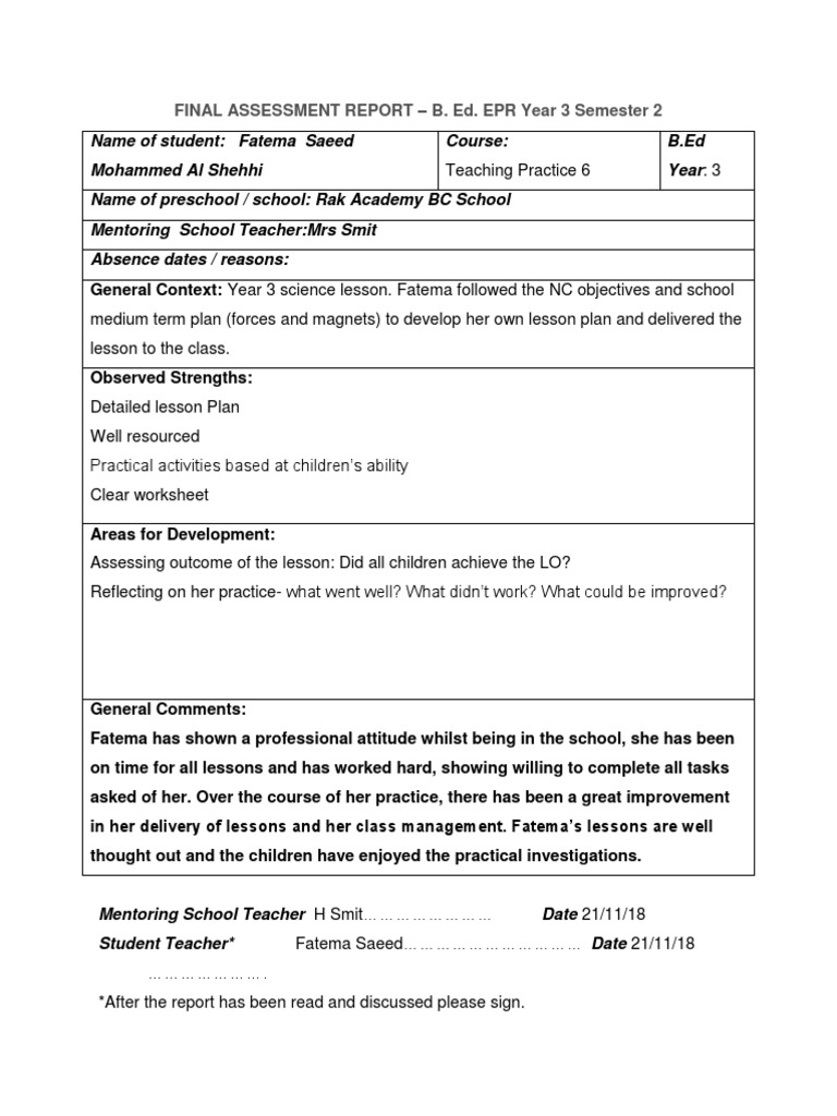 Final Assessment Report | PDF | Lesson Plan | Teachers